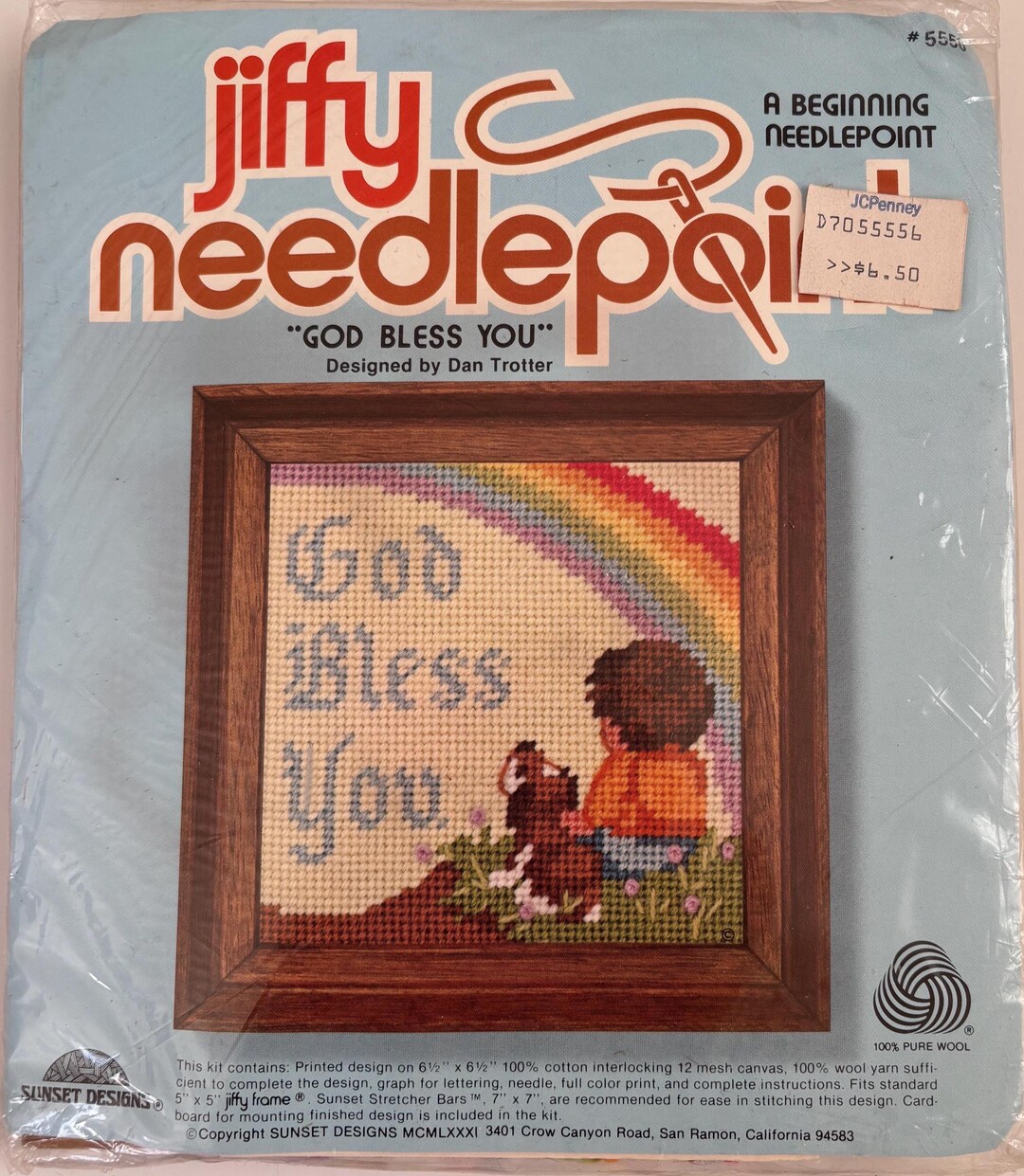 God Bless You Jiffy Needlepoint Kit 5556, Child & Dog Rainbow Picture ...