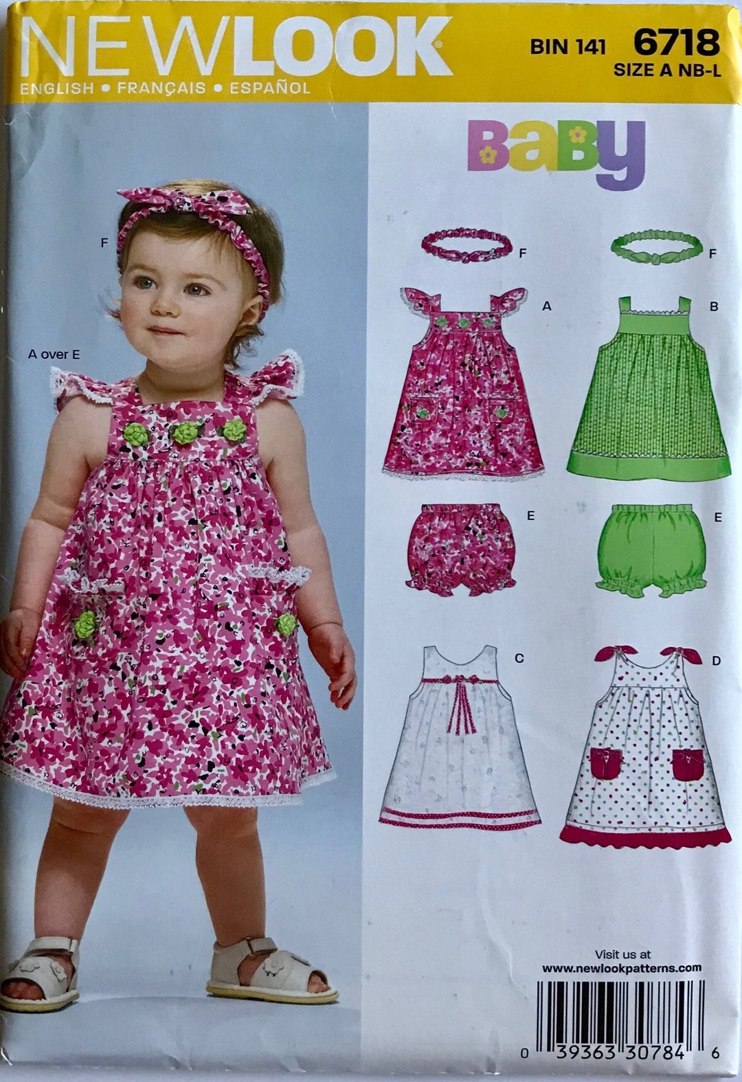 New Look 6718 Baby Dress, Bloomers and Headband Pattern Sizes Newborn ...