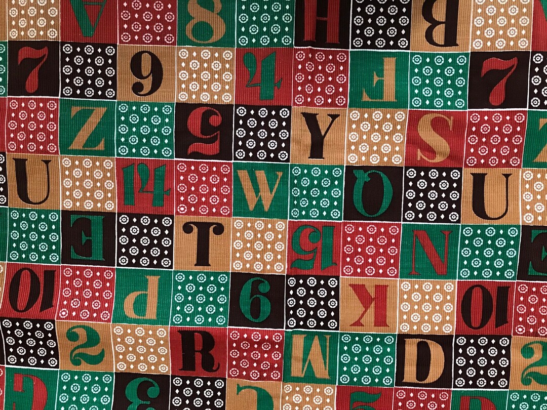 Letter and Number Retro Print Corduroy Fabric Vintage in Brown, Mustard ...