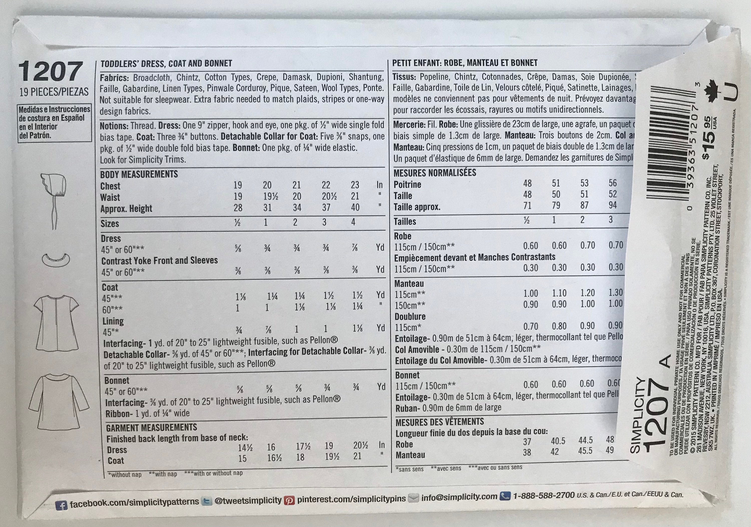 Simplicity 1207 Toddlers' Dress Coat and Bonnet 1970s - Etsy