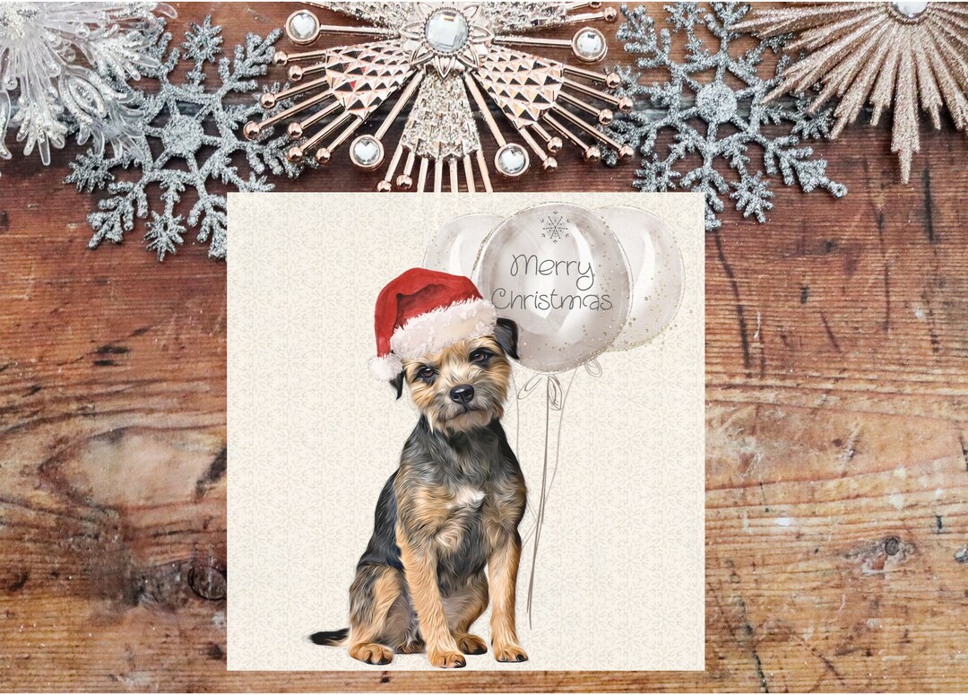 Border Terrier Christmas Card. Cute Border With Festive Balloons. Hand ...