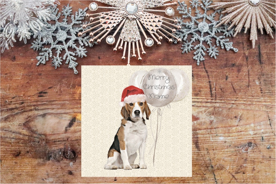 Beagle Christmas Card. Cute Beagle With Festive Balloons and Santa Hat ...