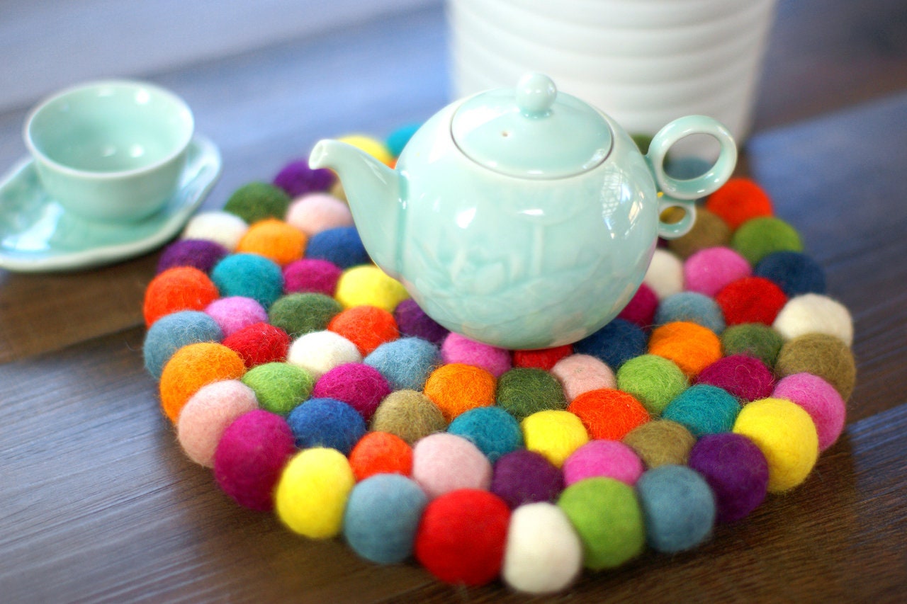 Large felt ball trivet 8 festive colors coaster / hot | Etsy