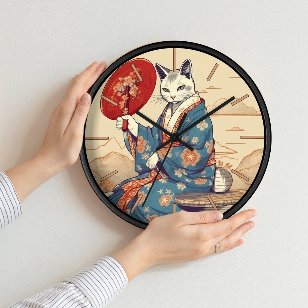 Kimono Cat Silent Wall Clock - Japanese Ukiyo-e Painting Style - Wall ...