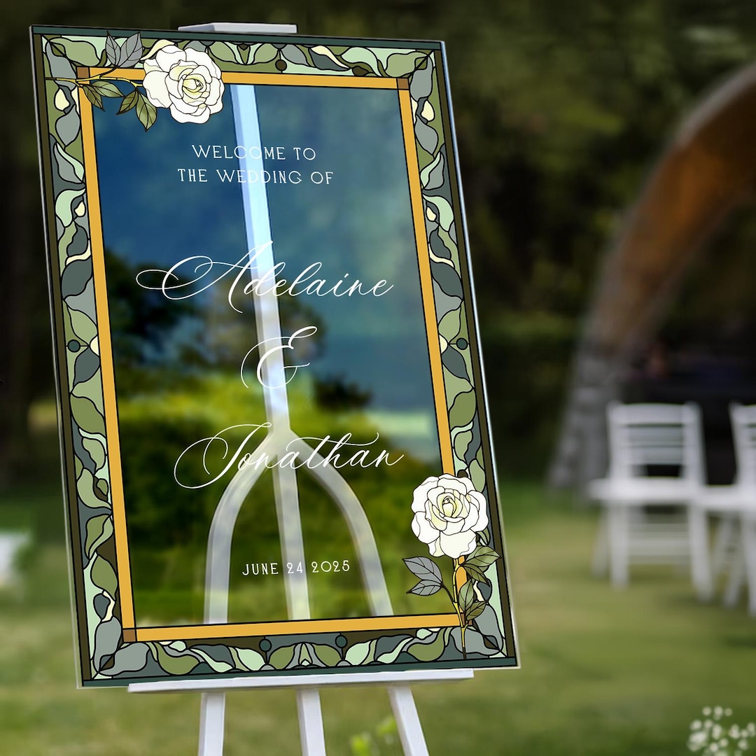 Stained Glass Wedding Sign, White Roses Acrylic Wedding Welcome Sign ...