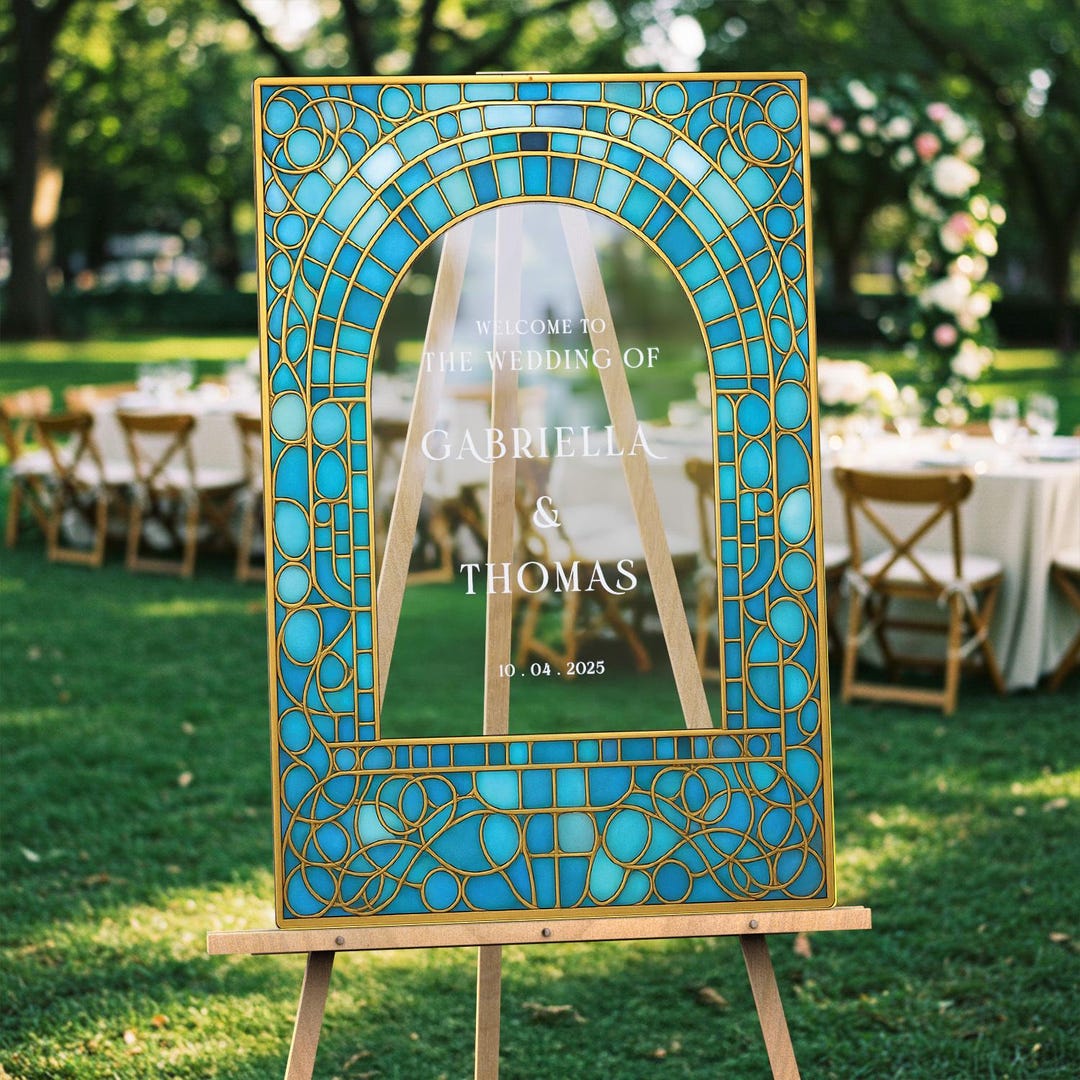 Teal Stained Glass Wedding Sign, Aqua Blue Wedding Welcome Sign, Mirror ...