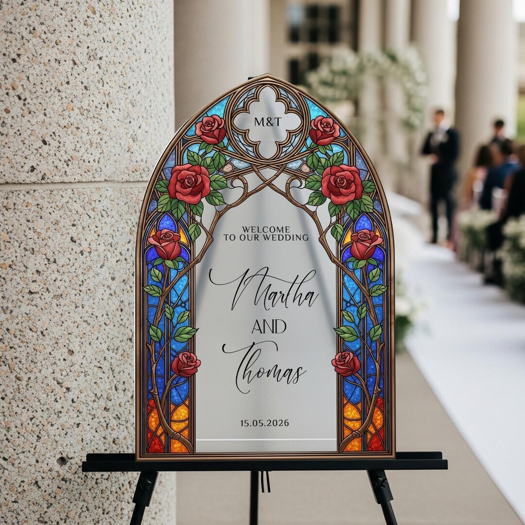 Stained Glass Wedding Sign, Arched Roses Wedding Welcome Sign, Printed ...