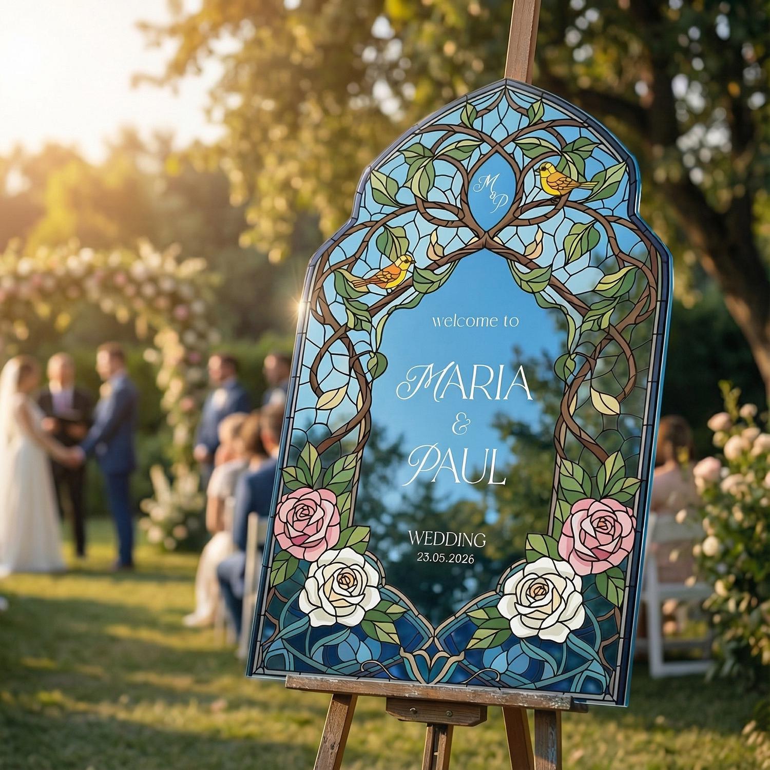 Stained Glass Wedding Sign, Roses Mirror Wedding Welcome Sign, Wedding ...