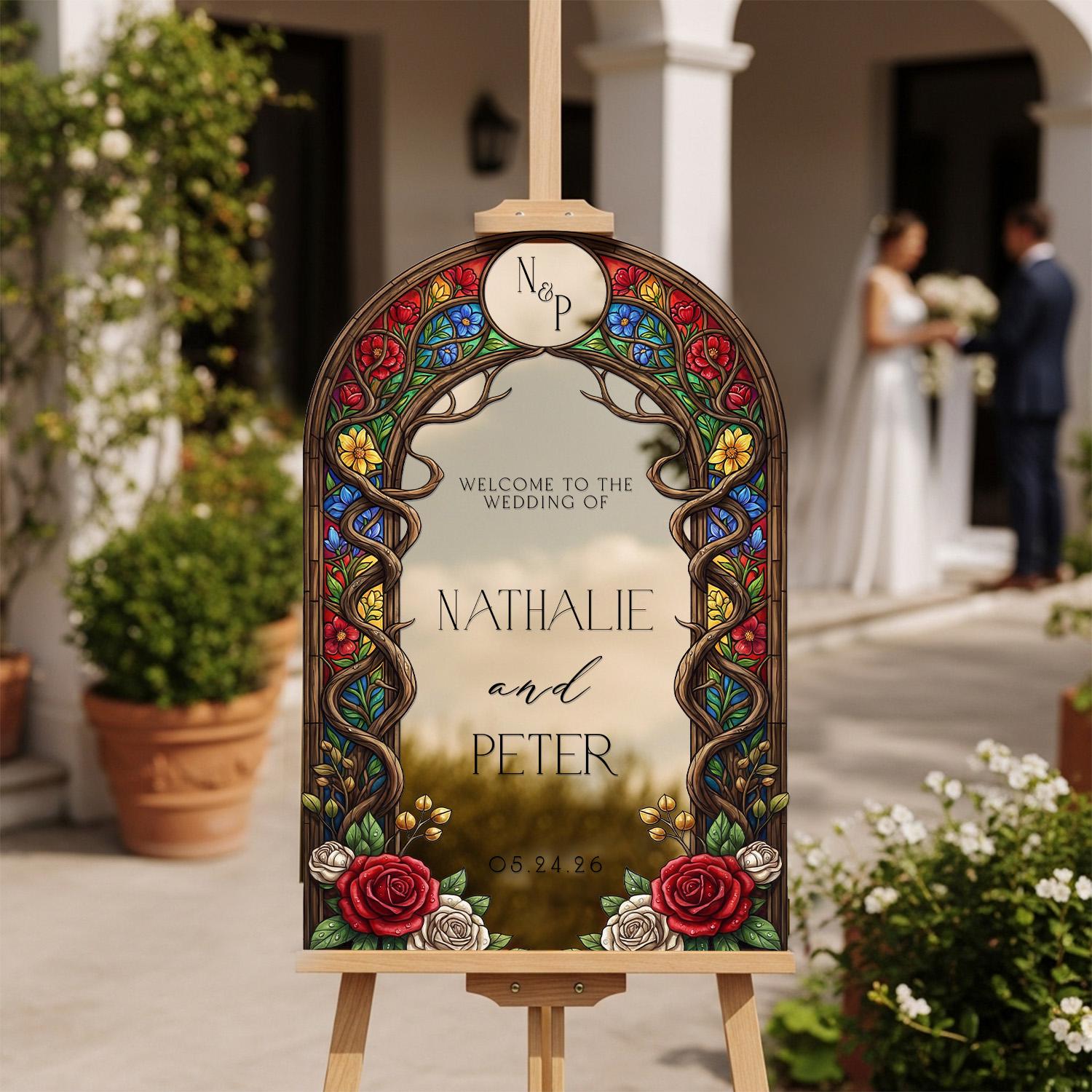 Floral Stained Glass Wedding Sign, Roses Wedding Welcome Signs, Welcome ...