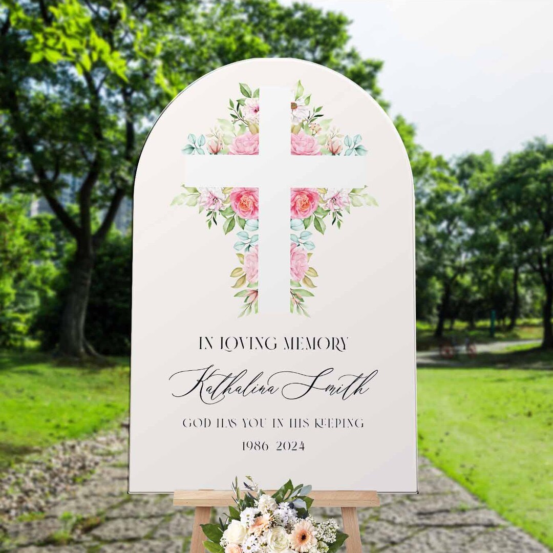 Cross in Loving Memory Sign, Custom Floral Funeral Welcome Signage for ...