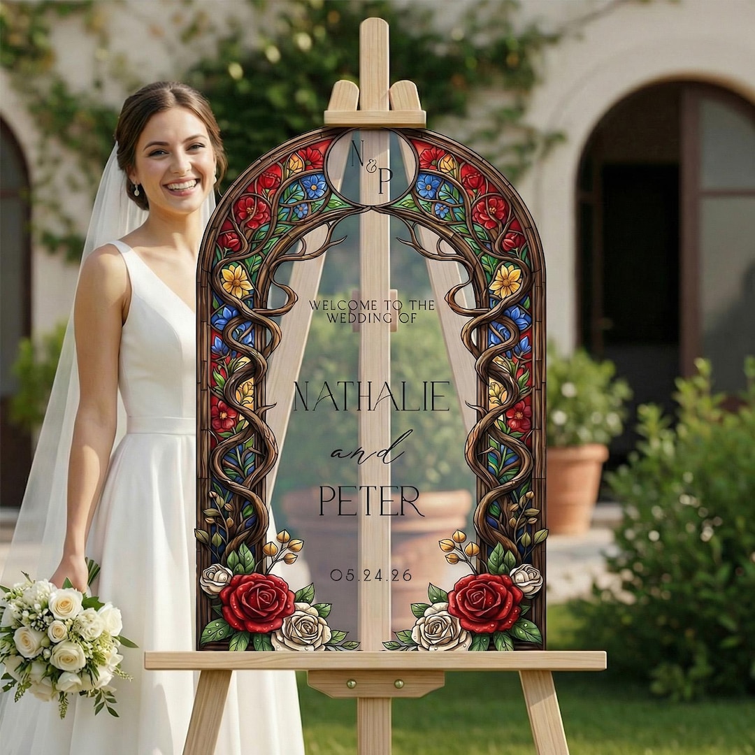 Floral Stained Glass Wedding Sign, Roses Wedding Welcome Signs, Welcome ...