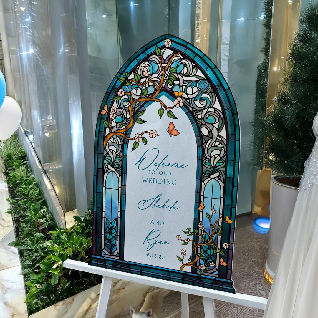 Blue Wedding Welcome Sign, Stained Glass Frosted Acrylic Wedding Sign ...