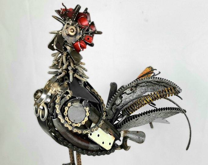 Reclaimed Scrap Metal Sculpture Art ~perched Crowing Rooster A-top ...