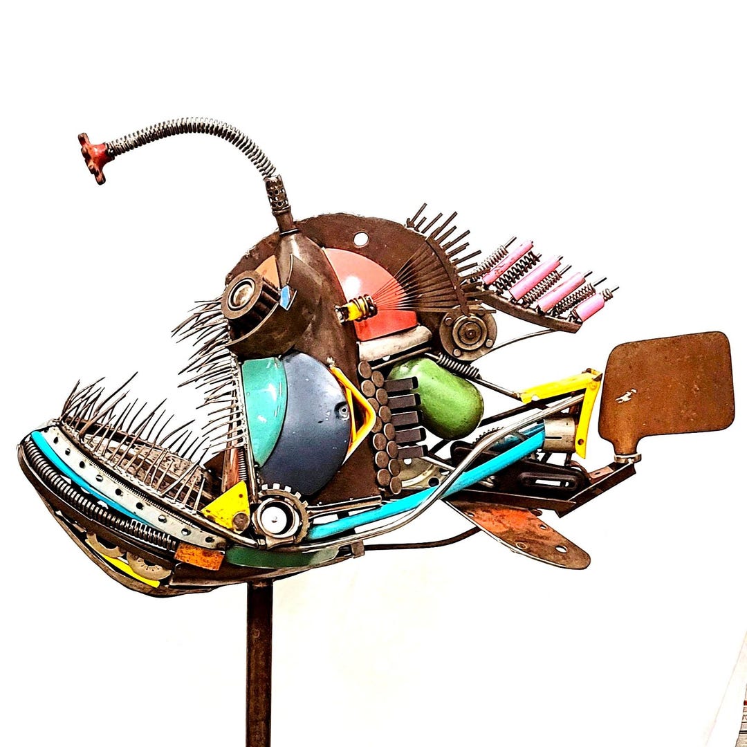 LIGHTS UP! Huge Angler Fish Deep Sea Fish Freestanding Reclaimed Scrap ...