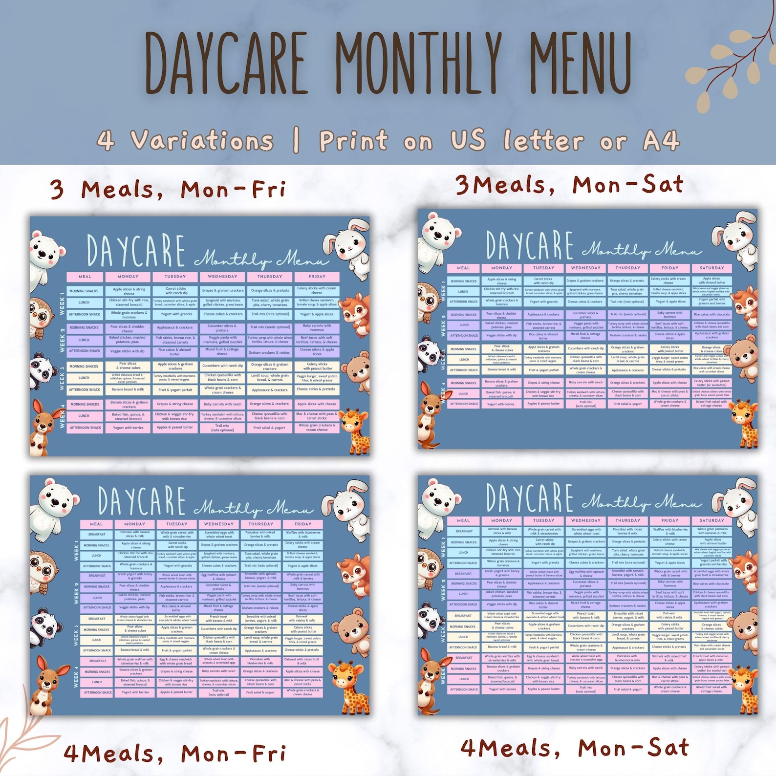 Daycare Monthly Menu Template, Cute Animals Theme Printable Meal ...