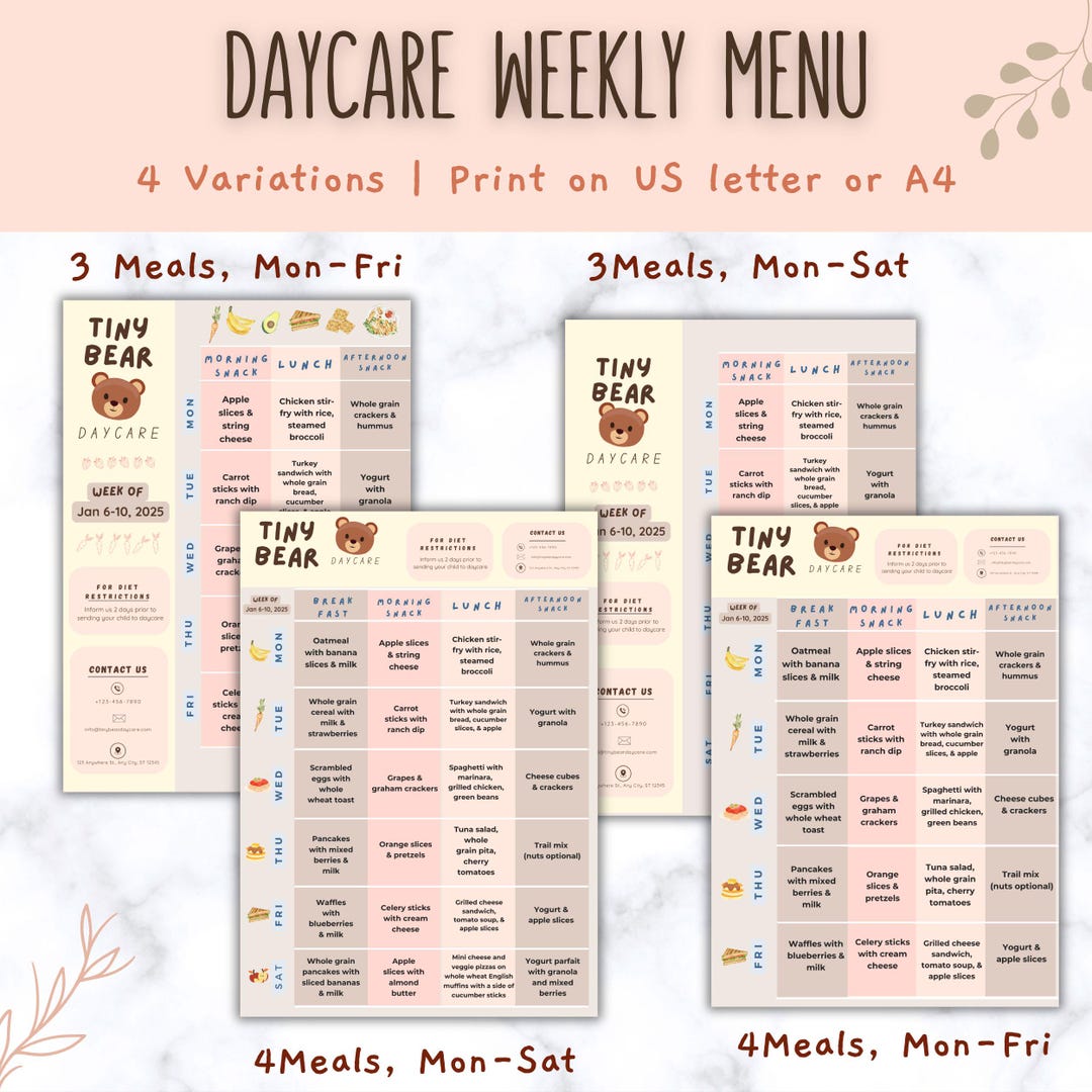 Daycare Weekly Menu Template, Printable Meal Planner for Kids, Menu for ...