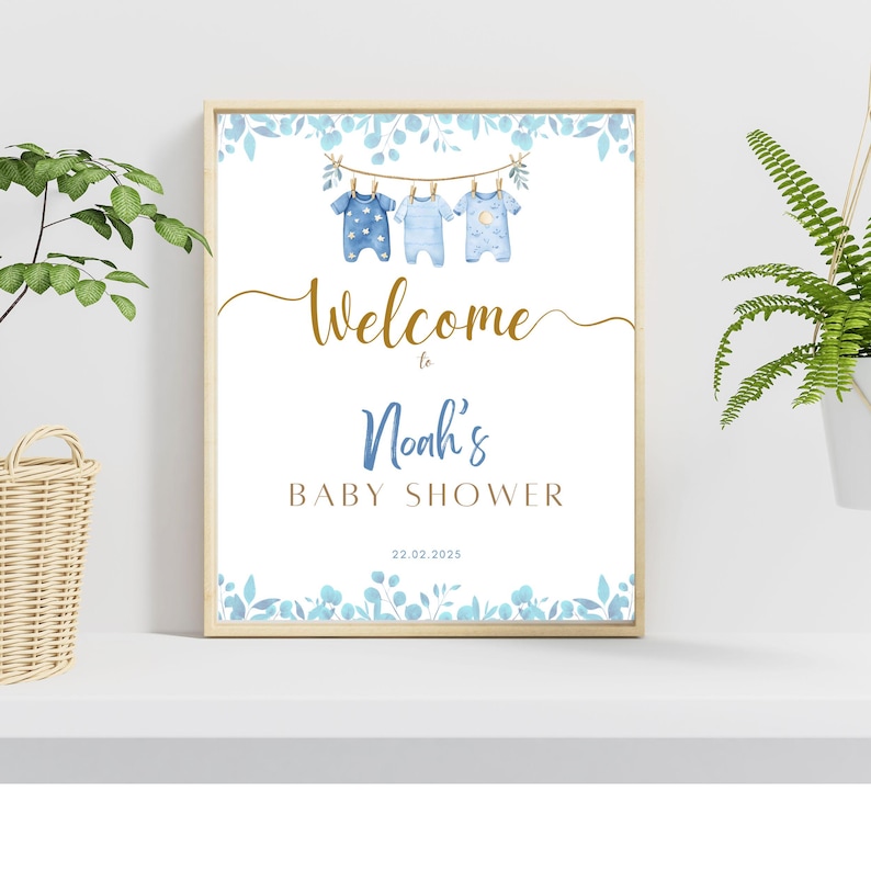 Editable Baby Shower Welcome Sign Template, Blue Baby Outfit Theme ...