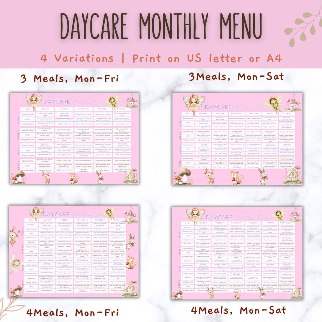 Daycare Monthly Menu Template, Fairy Theme Printable Meal Planner for ...