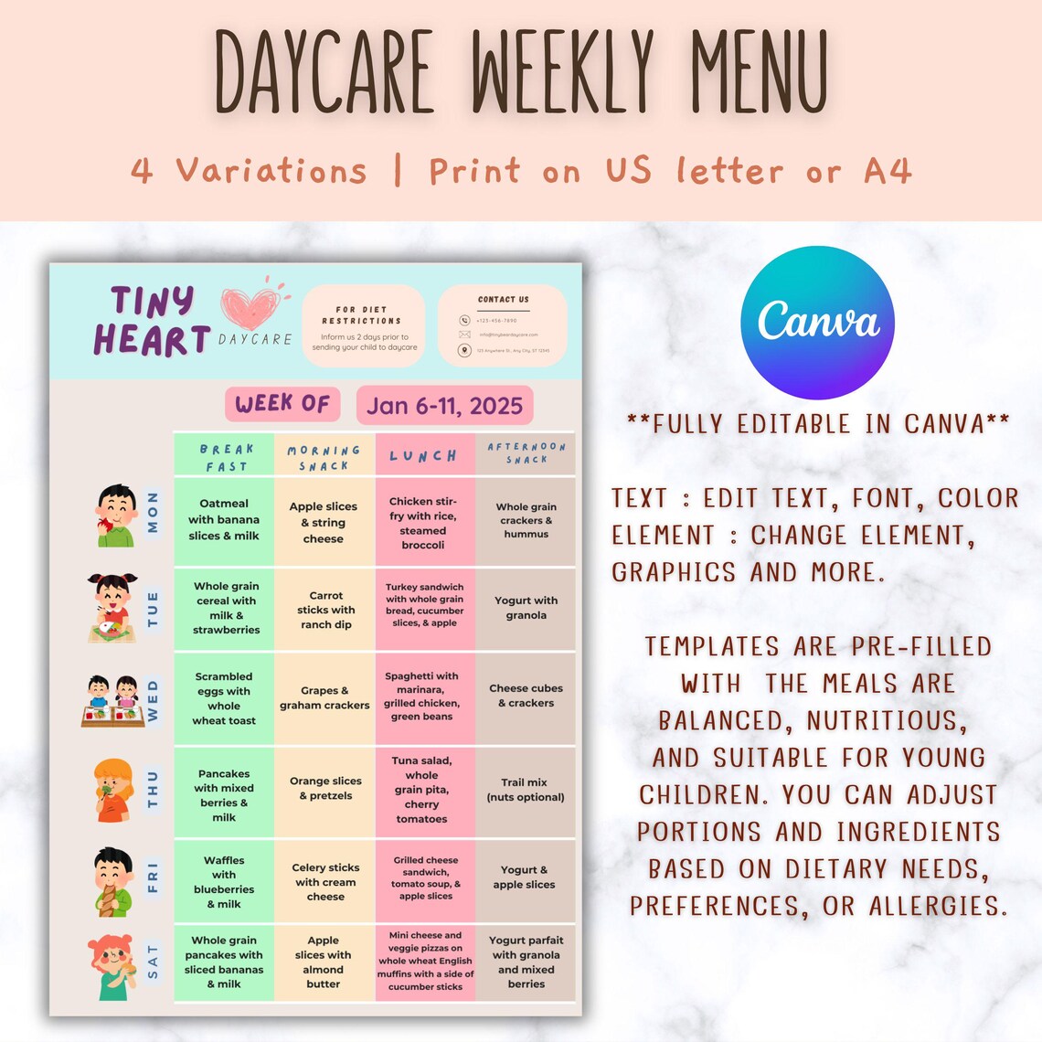 Daycare Menu Template, Printable Meal Planner for Kids, EDITABLE ...
