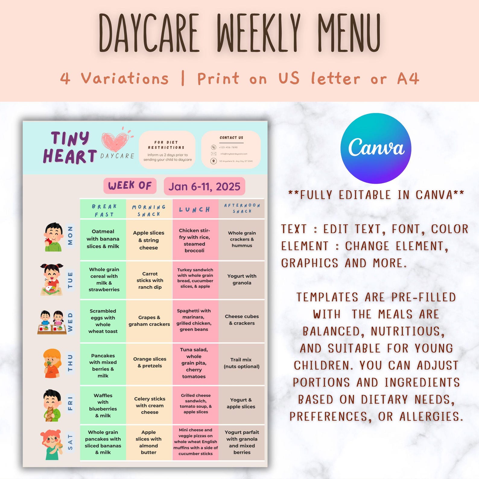 Daycare Menu Template, Printable Meal Planner for Kids, EDITABLE ...