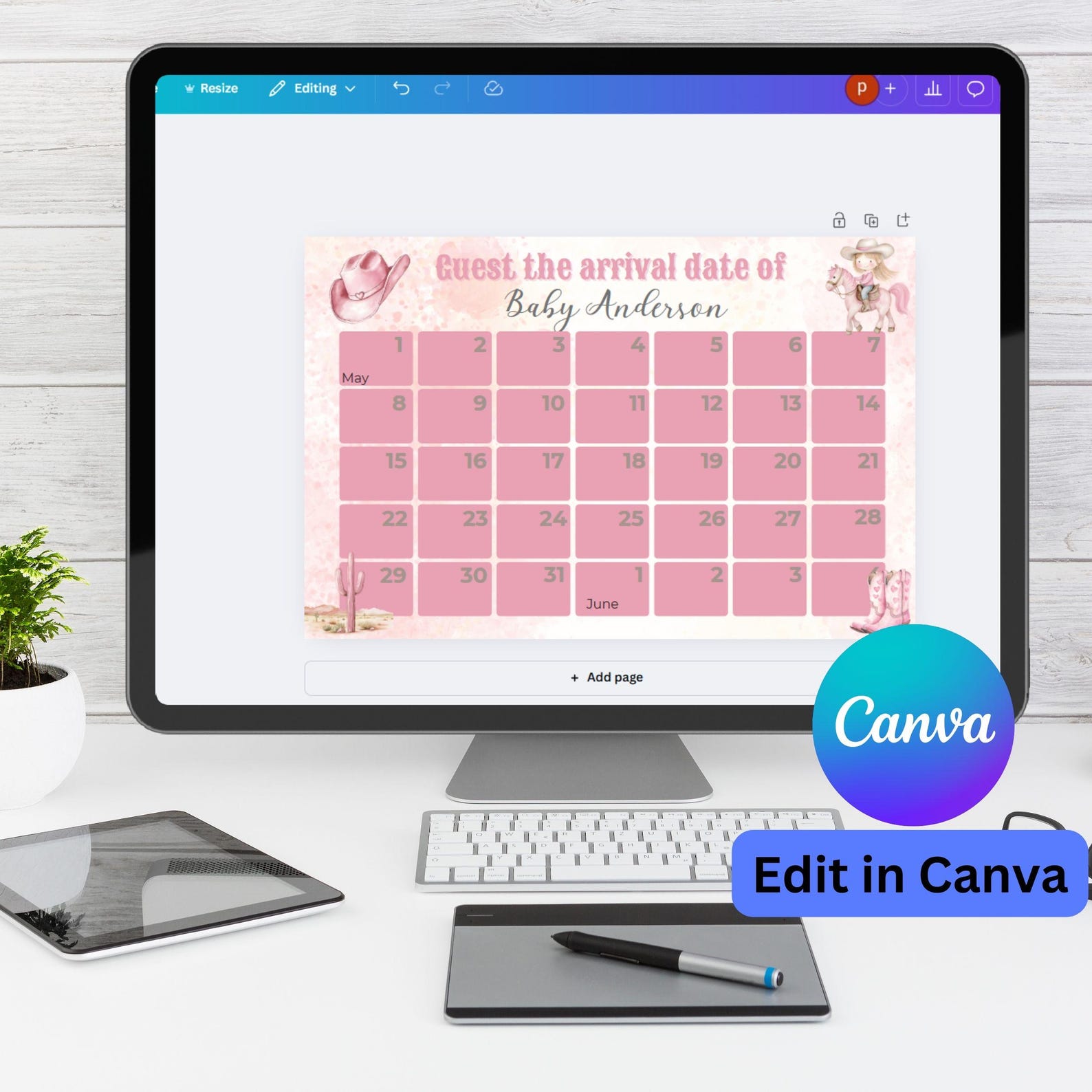 Cowgirl Baby Due Date Calendar Canva Template, Western Baby Shower Game ...