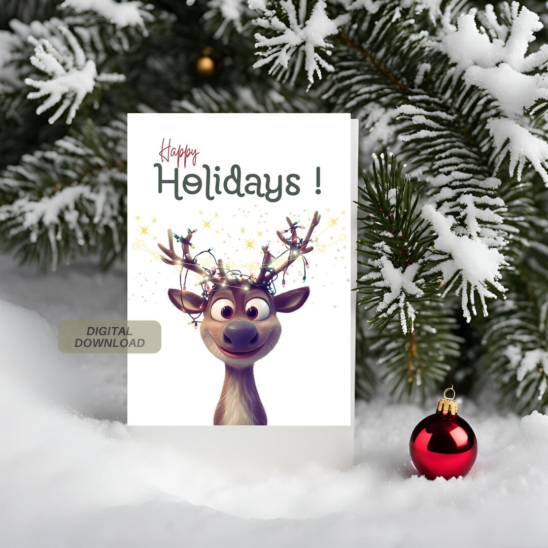 Funny Reindeer Christmas Card | Printable Card | Reindeer Tangled in ...