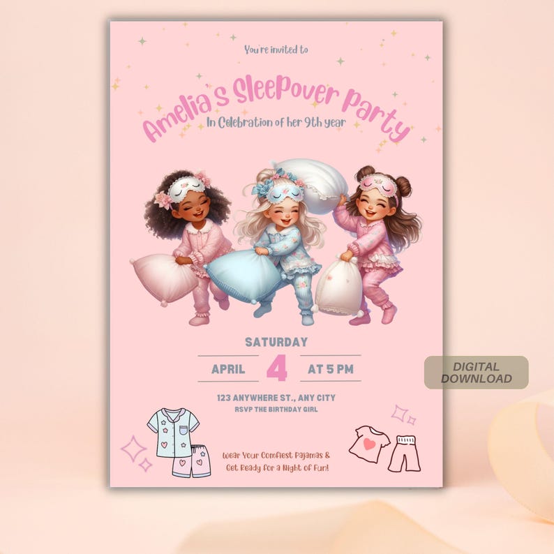 Pajama Party Invitation Template, Sleepover Party Invite, Editable ...
