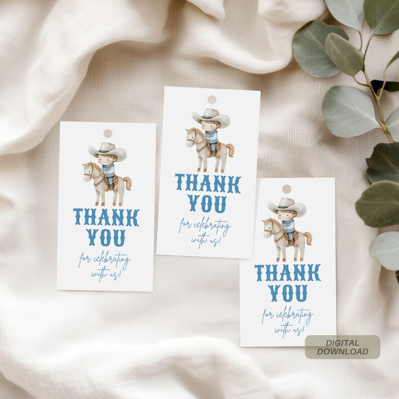 Little Cowboy Baby Shower Favor Tag Canva Template - Blue Western Party ...