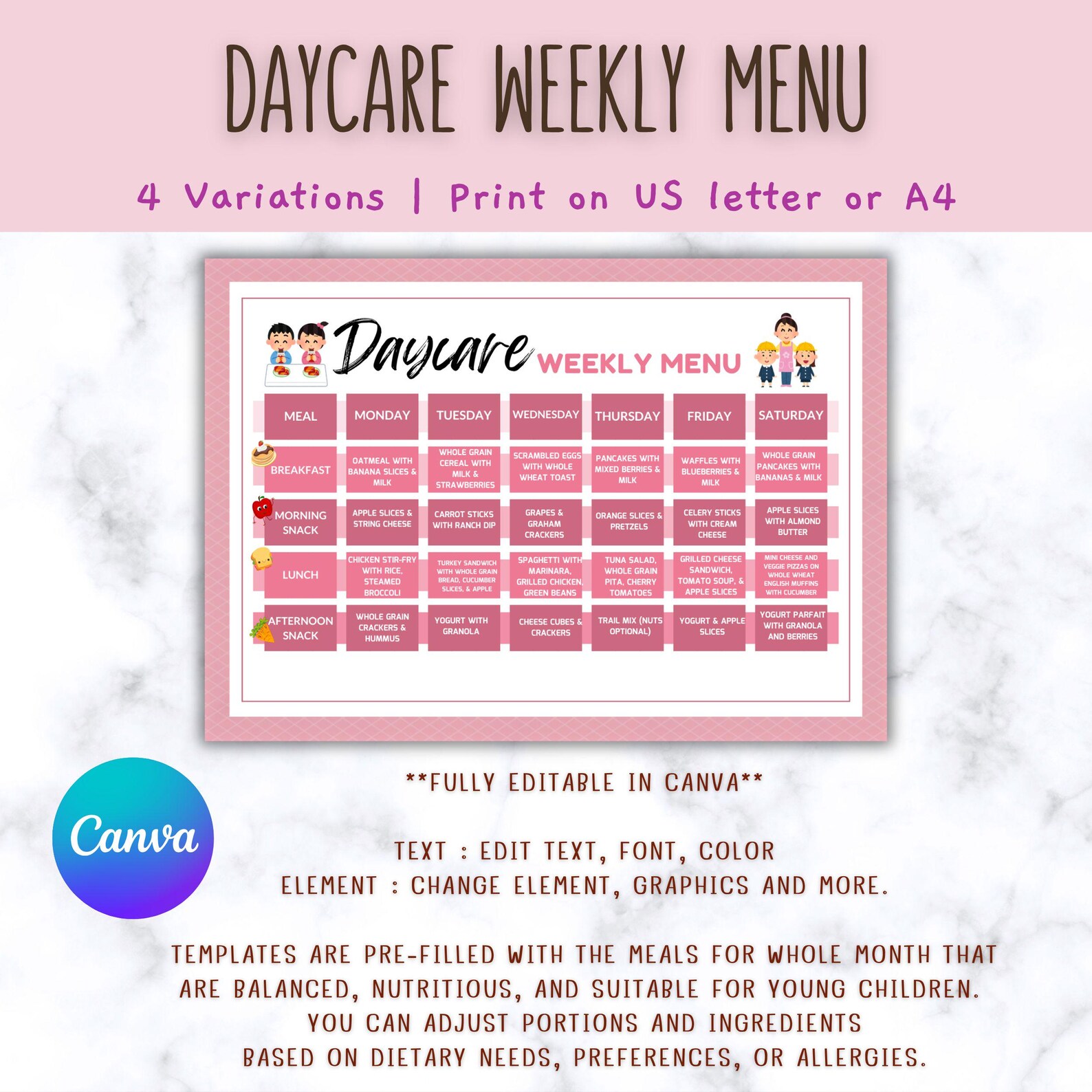 Daycare Weekly Menu Template, Printable Meal Planner for Kids, EDITABLE ...