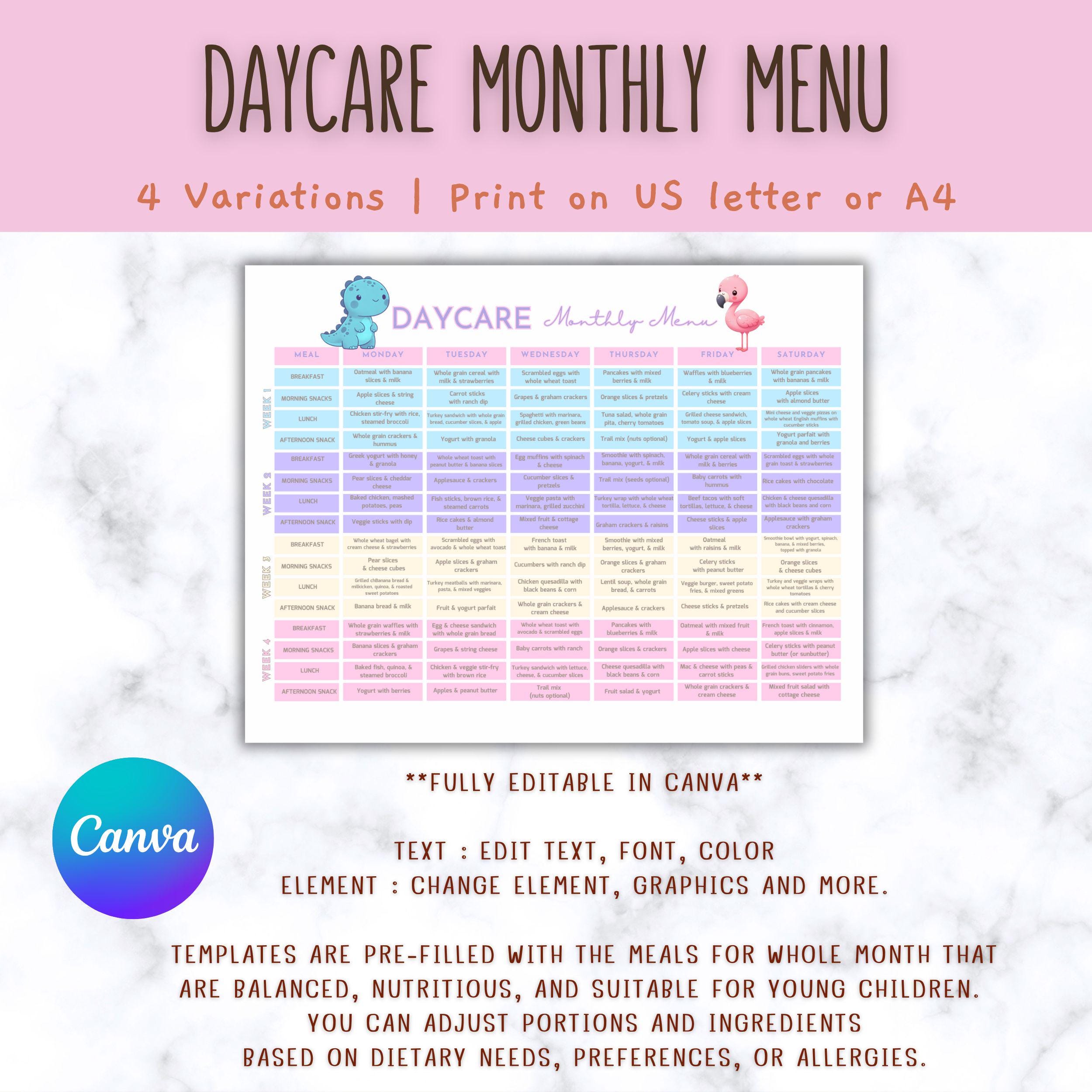 Daycare Monthly Menu Template, Pastel Theme Printable Meal Planner for ...
