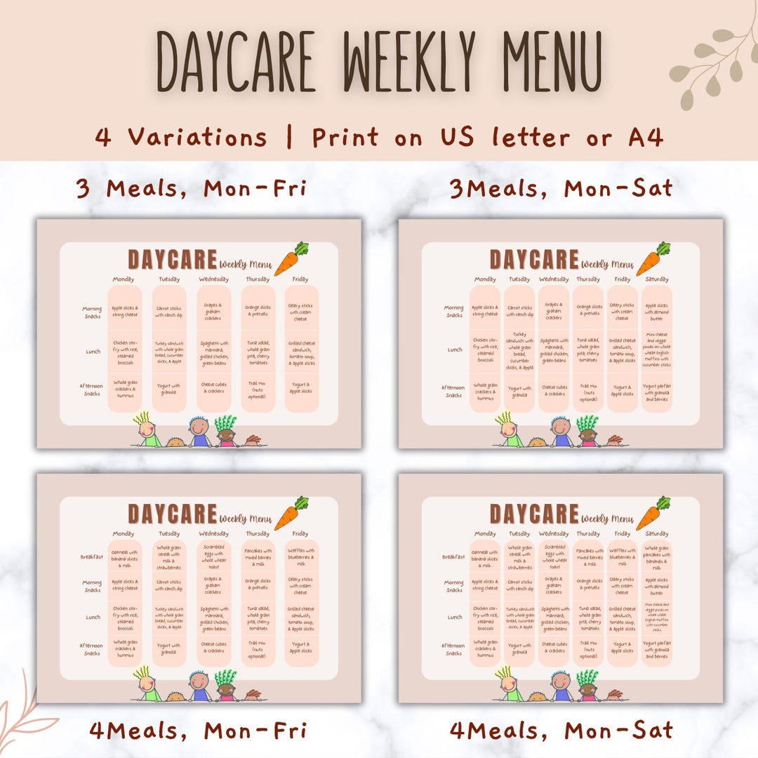 Daycare Weekly Menu Template, Printable Meal Planner for Kids, EDITABLE ...
