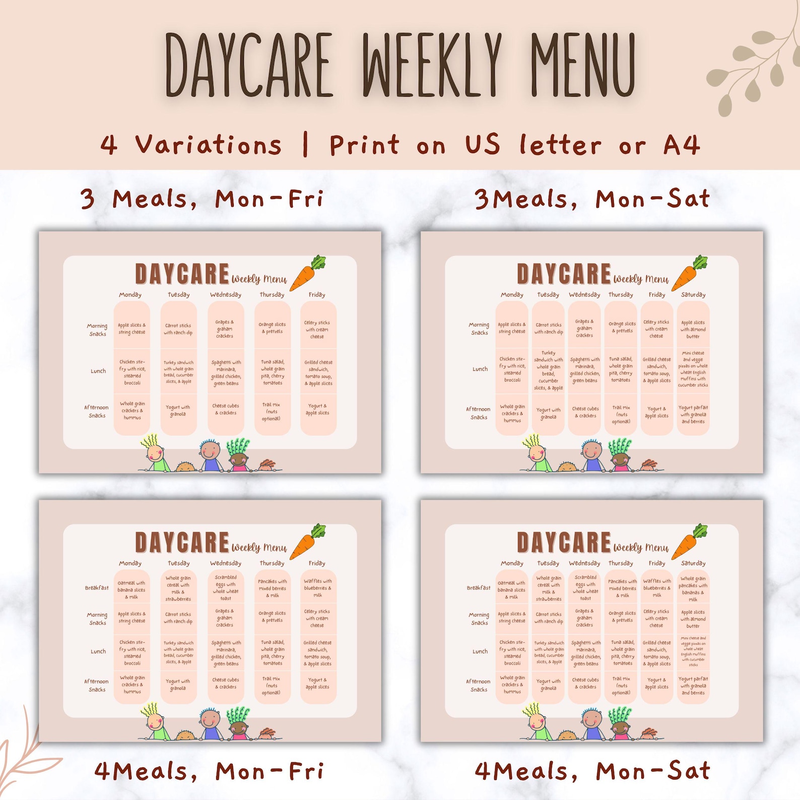 Daycare Weekly Menu Template, Printable Meal Planner for Kids, EDITABLE ...