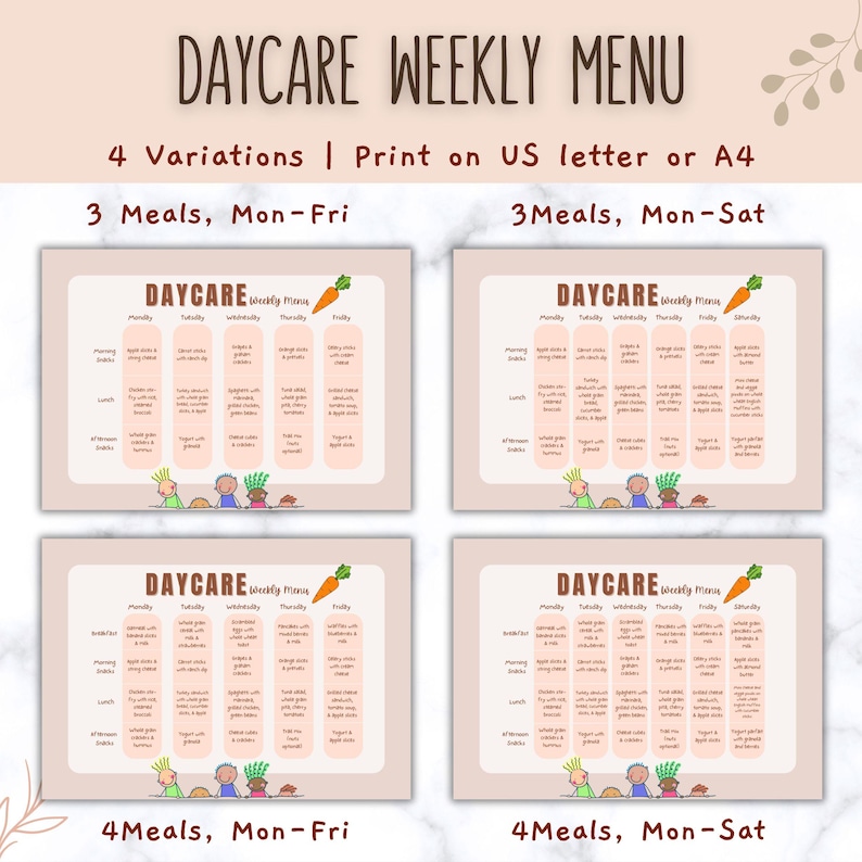 Daycare Weekly Menu Template, Printable Meal Planner for Kids, EDITABLE ...