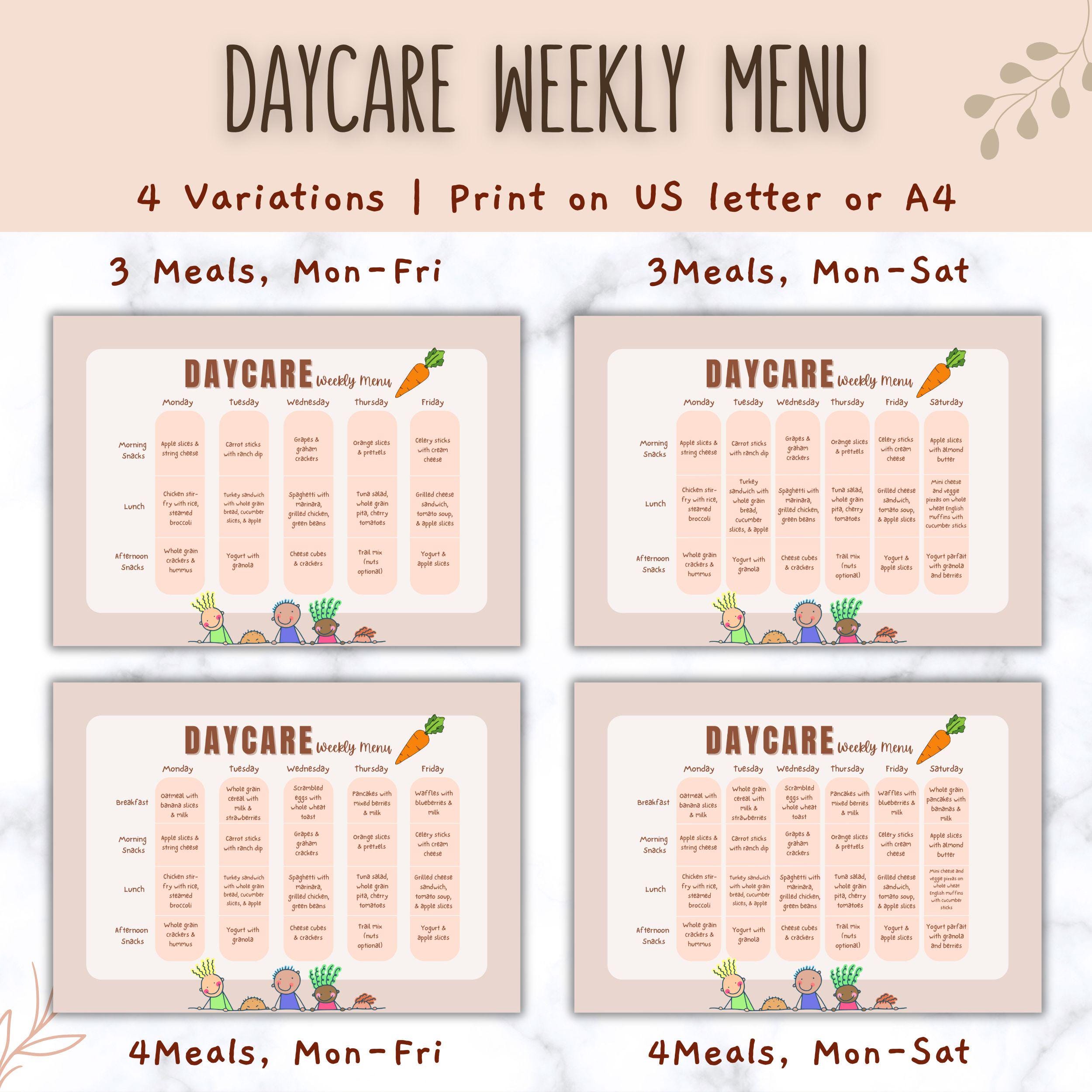 Daycare Weekly Menu Template, Printable Meal Planner for Kids, EDITABLE ...