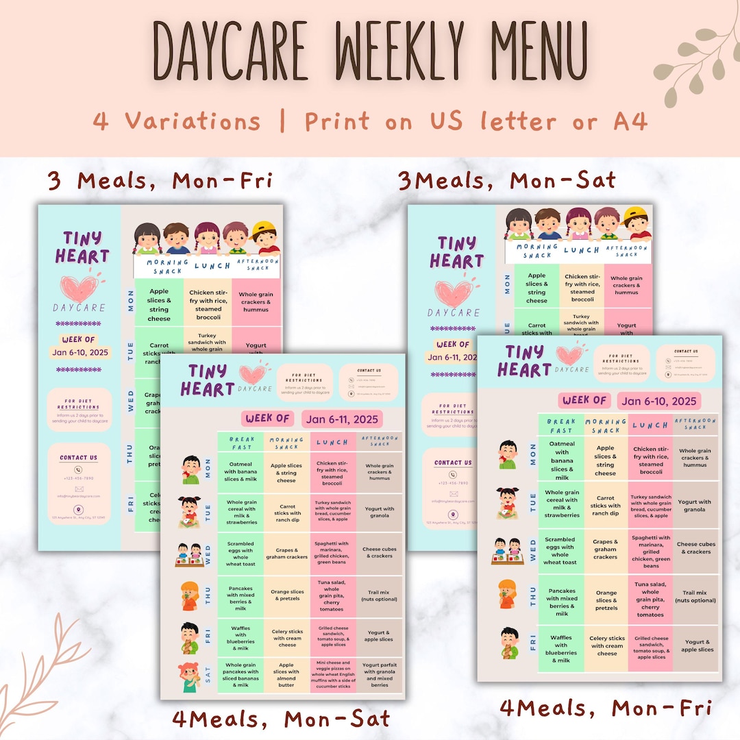 Daycare Menu Template, Printable Meal Planner for Kids, EDITABLE ...
