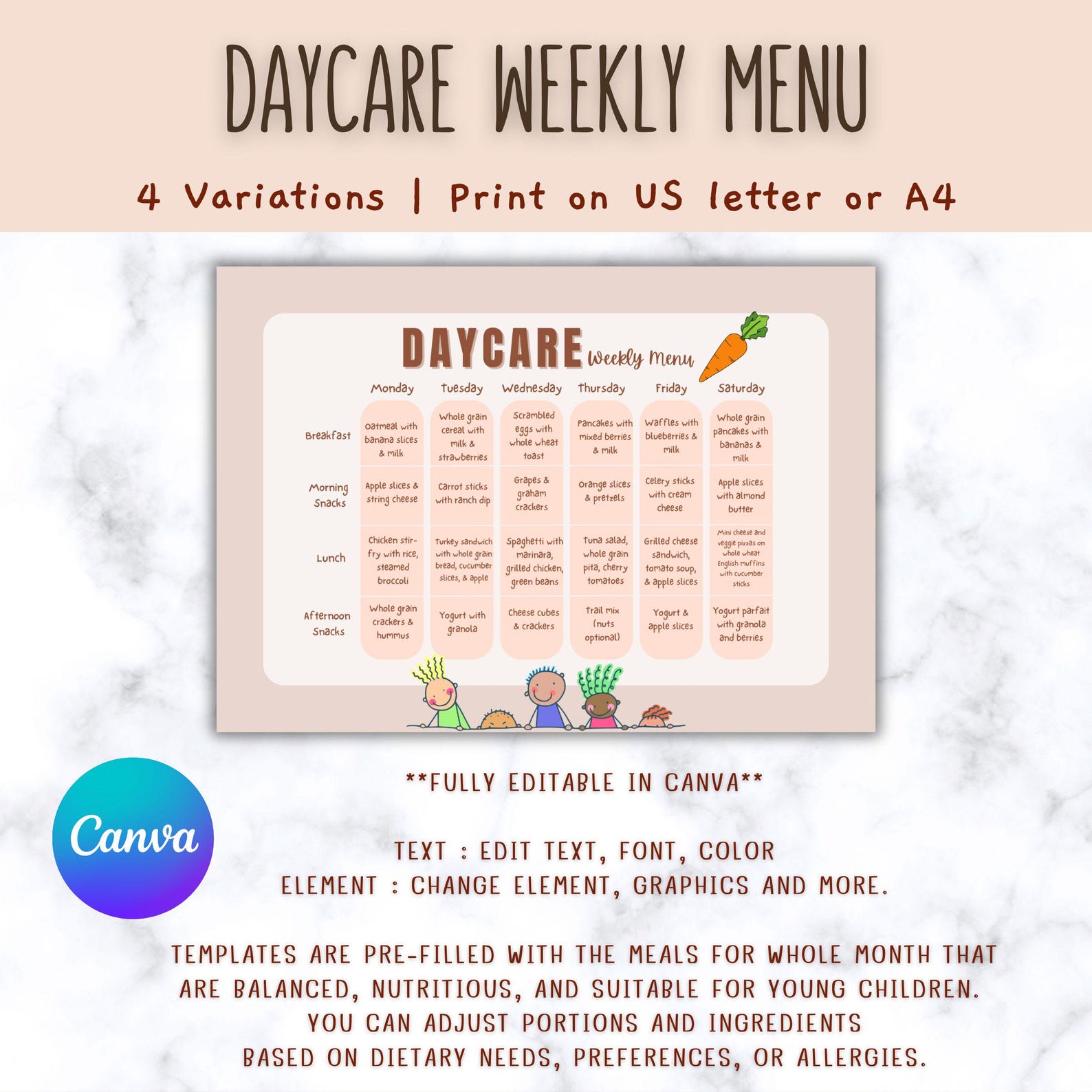 Daycare Weekly Menu Template, Printable Meal Planner for Kids, EDITABLE ...