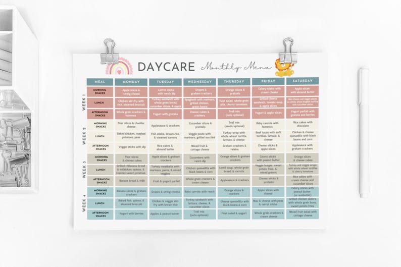 Daycare Monthly Menu Template, Printable Meal Planner for Kids ...