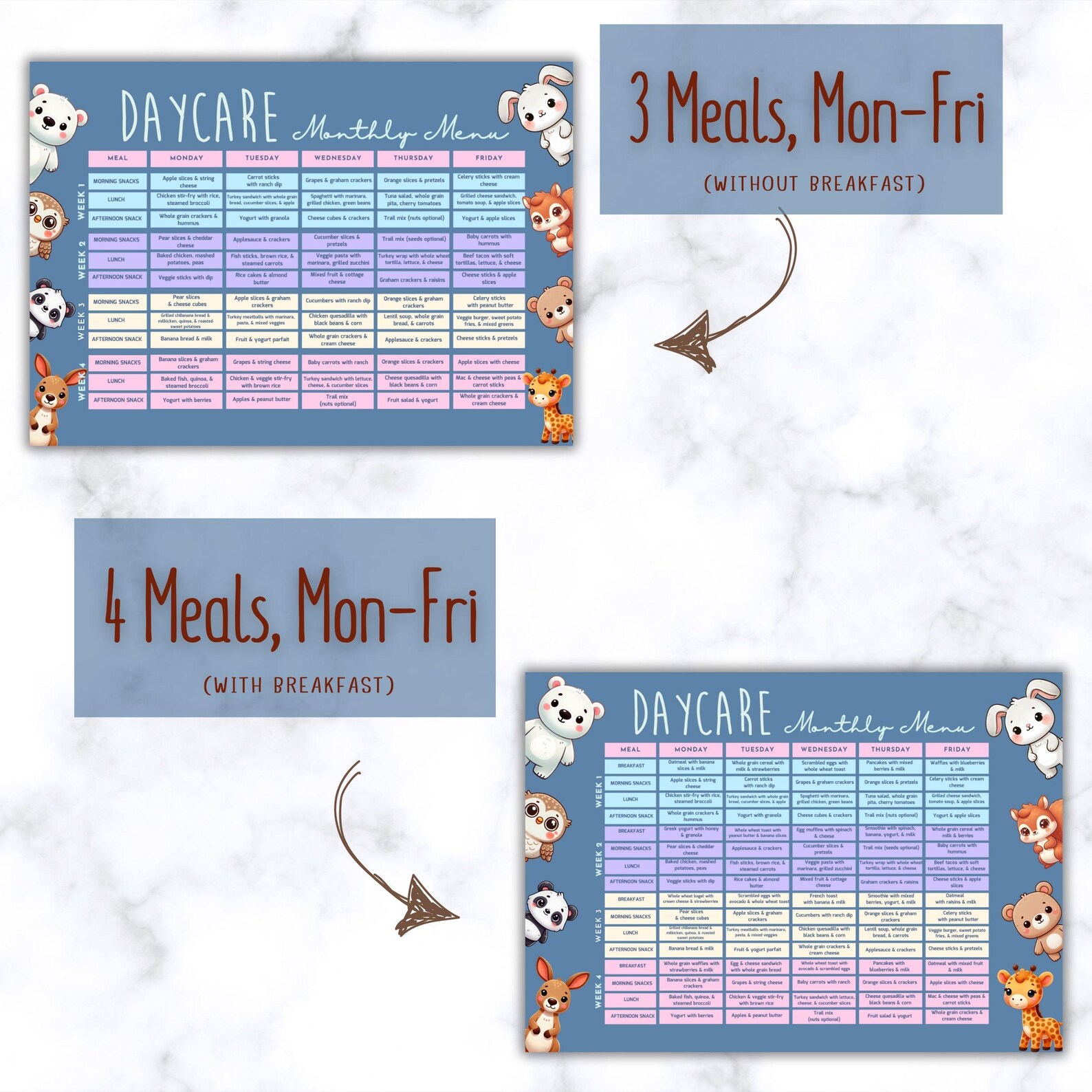 Daycare Monthly Menu Template, Cute Animals Theme Printable Meal ...