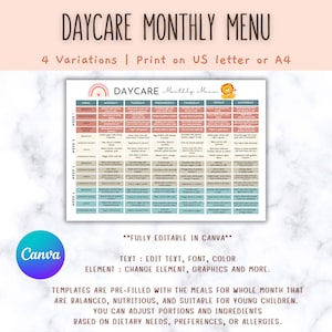 Daycare Monthly Menu Template, Printable Meal Planner for Kids ...