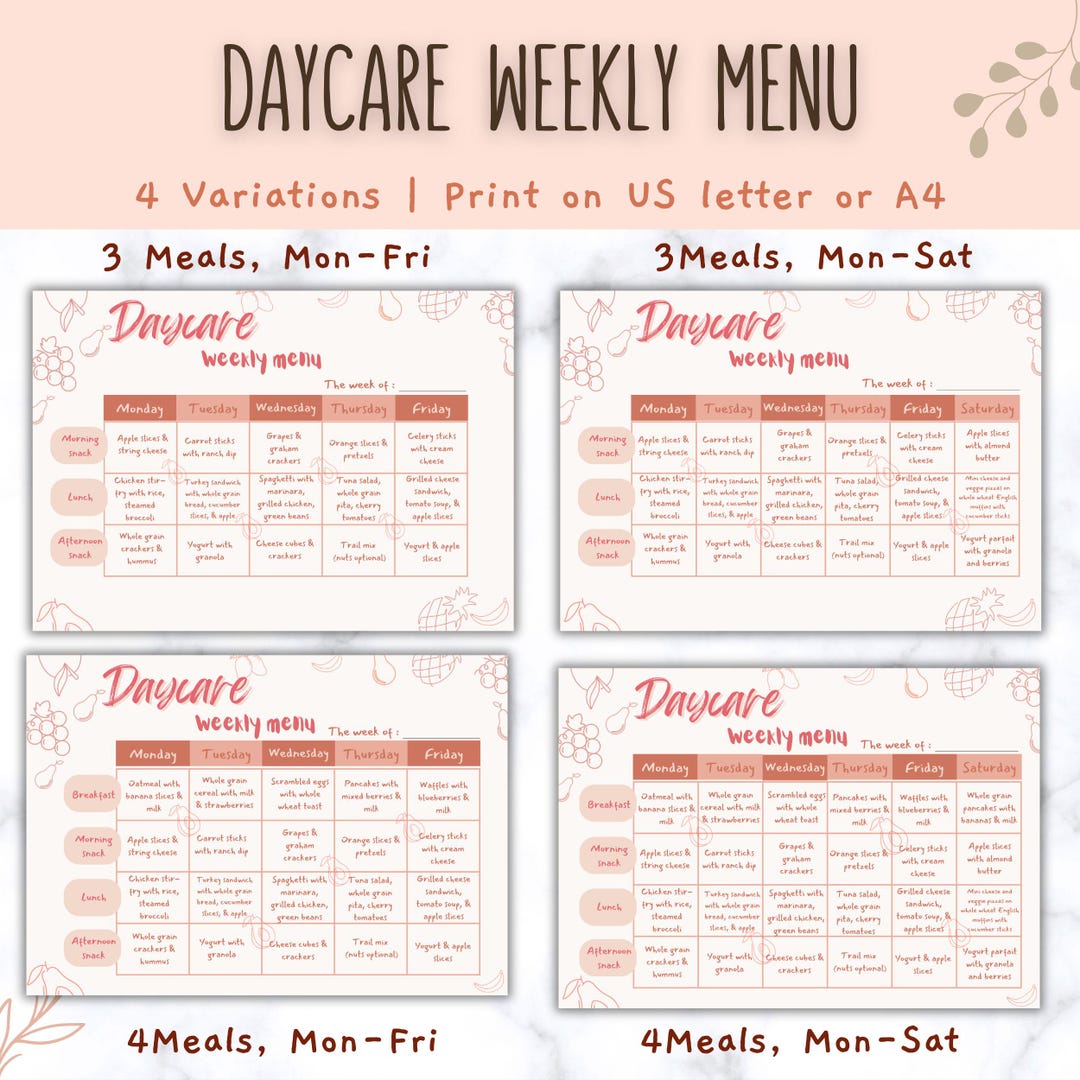 Daycare Weekly Menu Template, Printable Meal Planner for Kids, EDITABLE ...