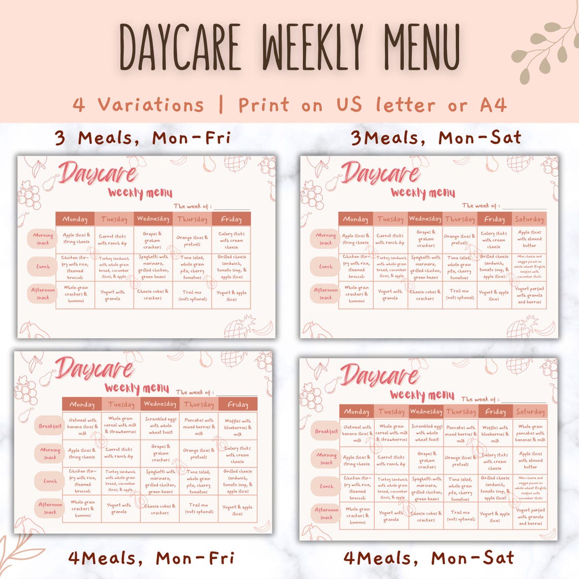 Daycare Weekly Menu Template, Printable Meal Planner for Kids, EDITABLE ...