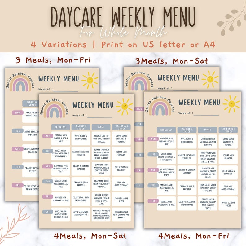 Daycare Menu Template, Printable Meal Planner for Kids, EDITABLE ...