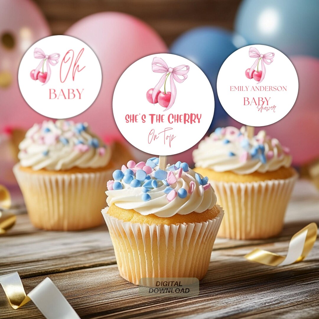 Cherry Theme Baby Shower Cupcake Toppers Canva Template, 2x2" Printable ...