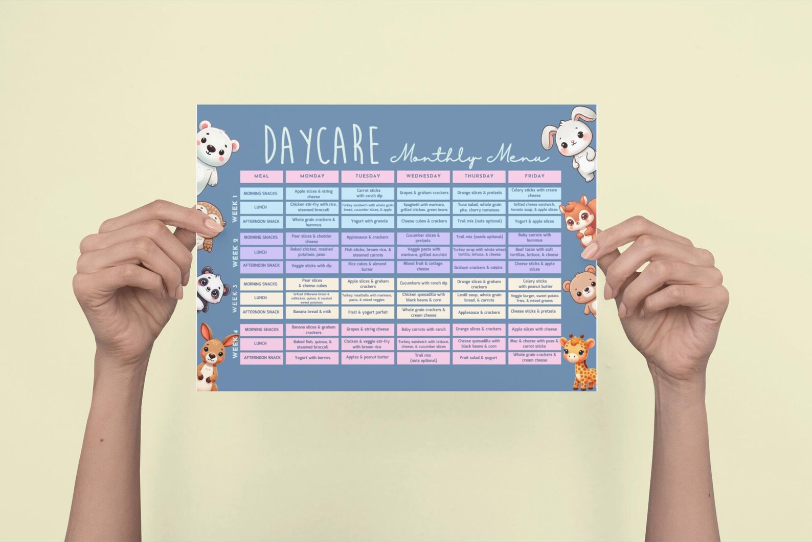 Daycare Monthly Menu Template, Cute Animals Theme Printable Meal ...