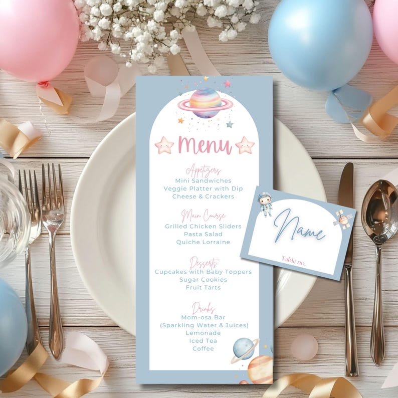 Space Theme Baby Shower Menu and Place Card Template | Editable ...