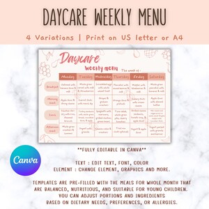 Daycare Weekly Menu Template, Printable Meal Planner for Kids, EDITABLE ...