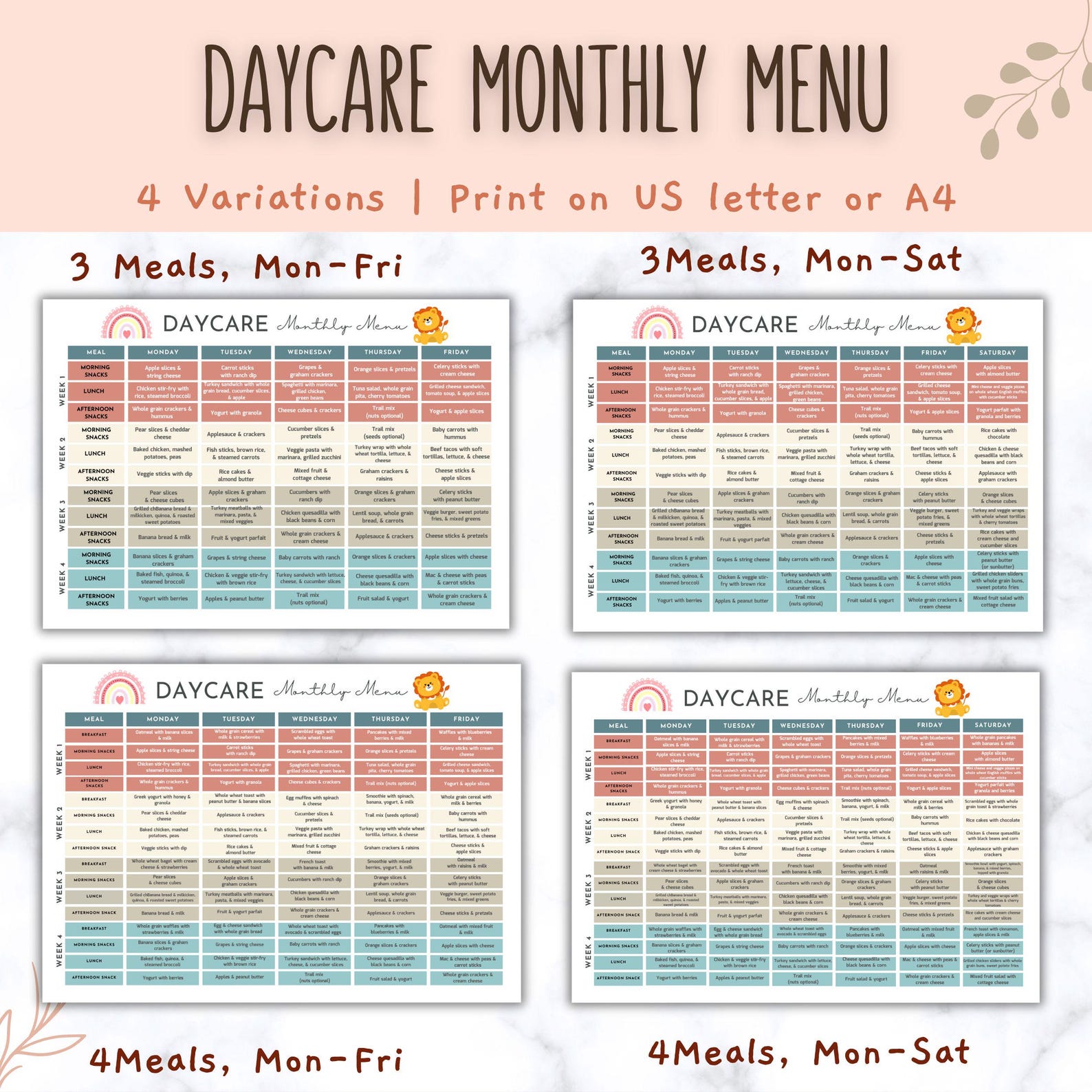 Daycare Monthly Menu Template, Printable Meal Planner for Kids ...