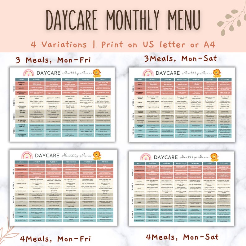 Daycare Monthly Menu Template, Printable Meal Planner for Kids ...