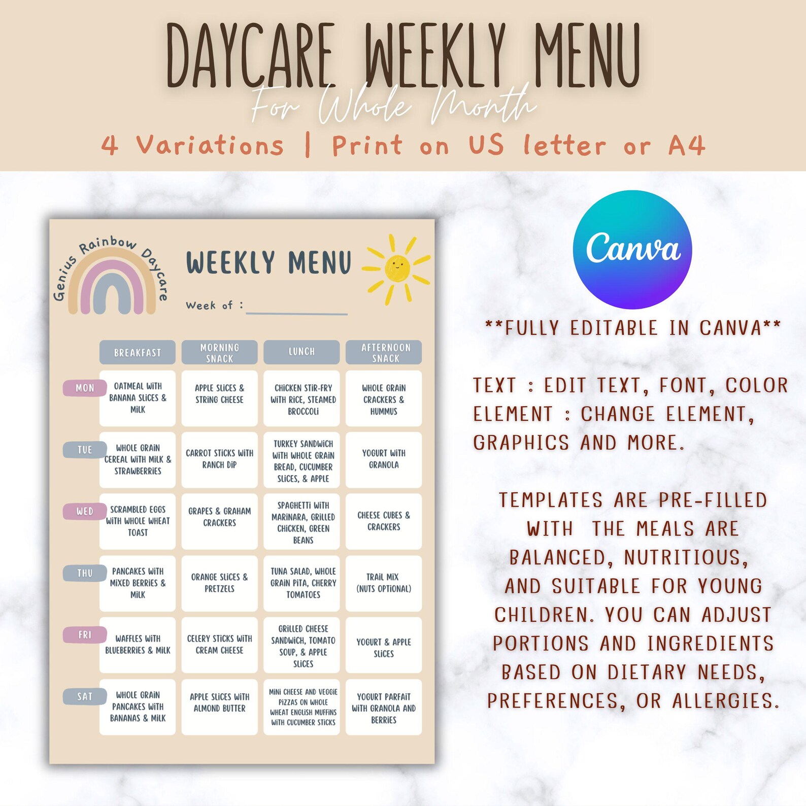 Daycare Menu Template, Printable Meal Planner for Kids, EDITABLE ...