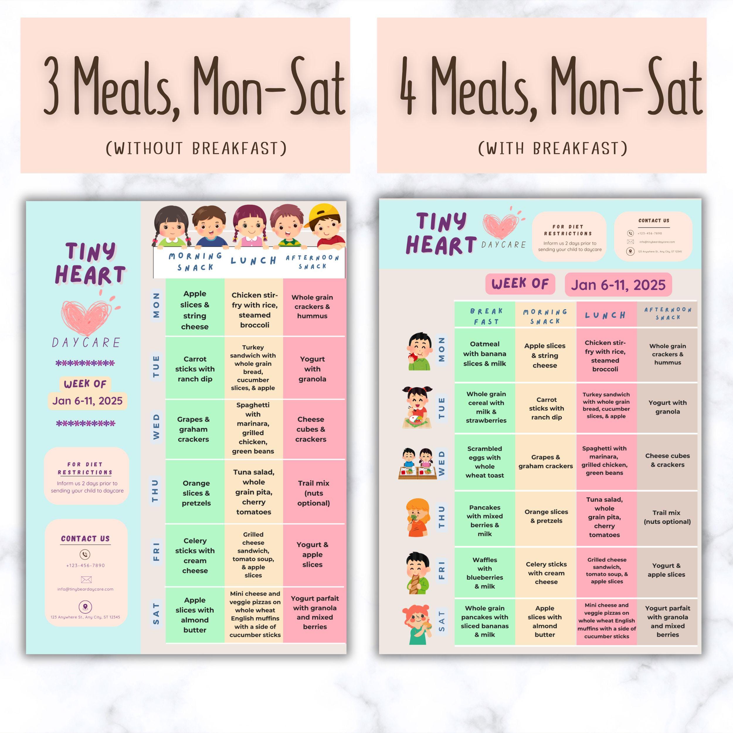 Daycare Menu Template, Printable Meal Planner for Kids, EDITABLE ...